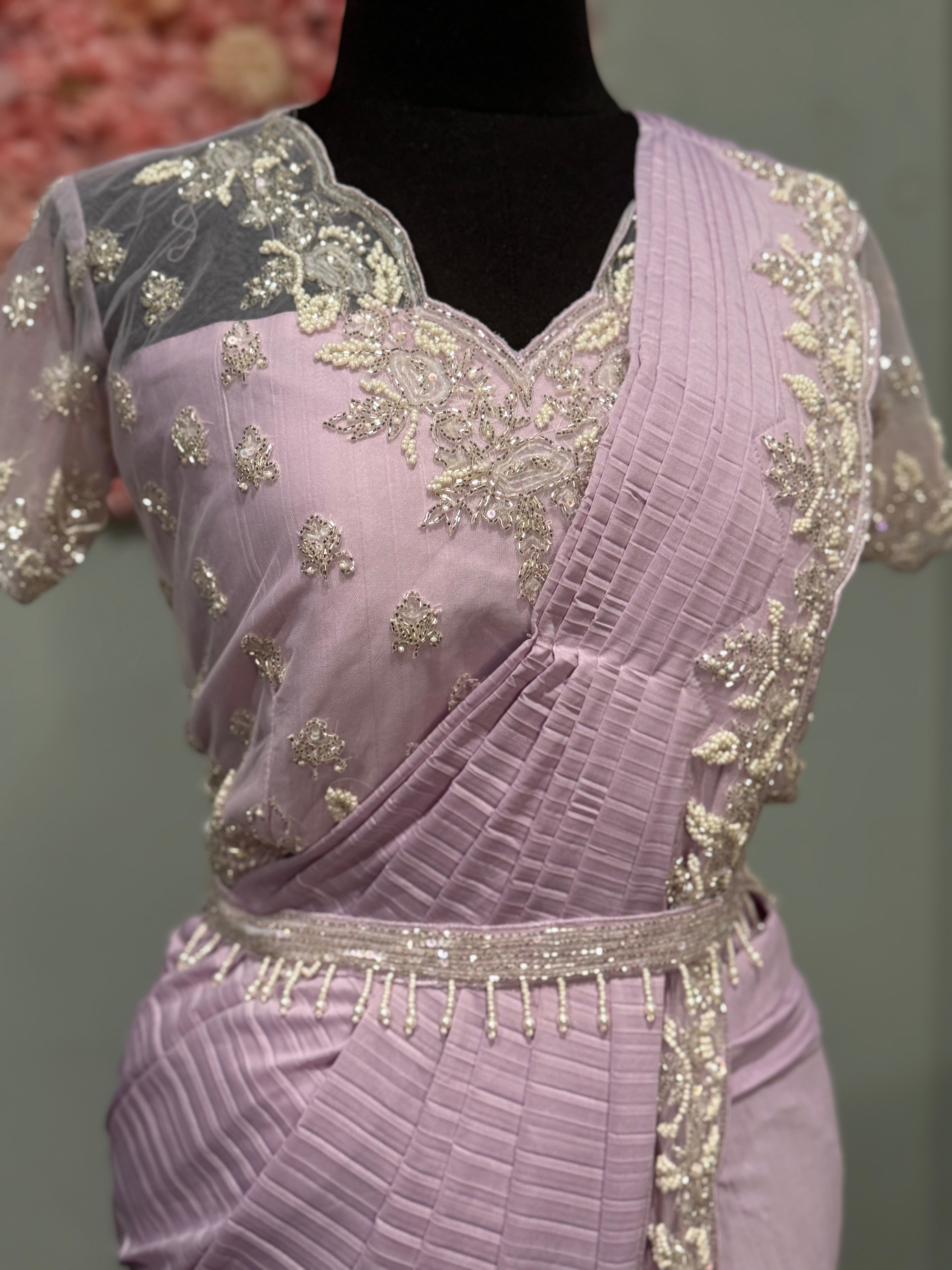 **New** Pre drape saree with work blouse and belt – Varnaas Boutique